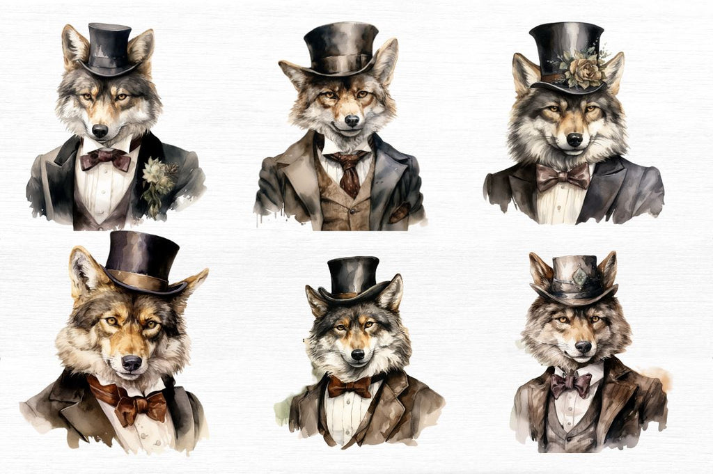 Victorian Wolf Watercolor Clipart - So Fontsy