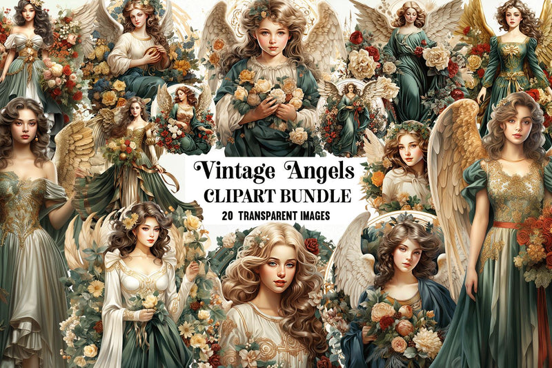 Vintage Angels Christmas Clipart Bundle, 20 Transparent PNG' - So Fontsy