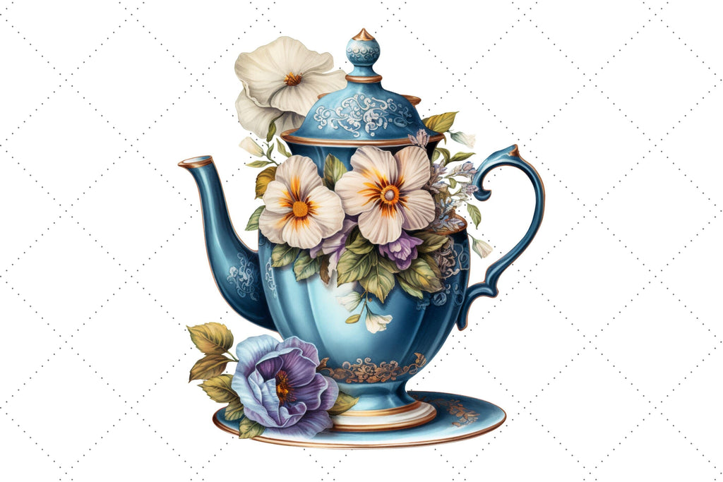 Vintage Blue Flowers Tea Cup and Pot Clipart Bundle, Sublimation, Blue ...