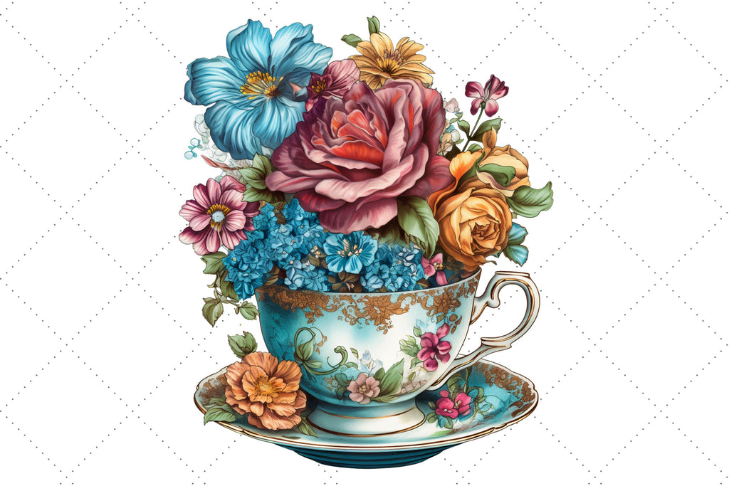 Vintage Blue Flowers Tea Cup and Pot Clipart Bundle, Sublimation, Blue ...