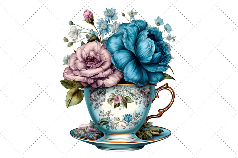 Vintage Blue Flowers Tea Cup and Pot Clipart Bundle, Sublimation, Blue ...