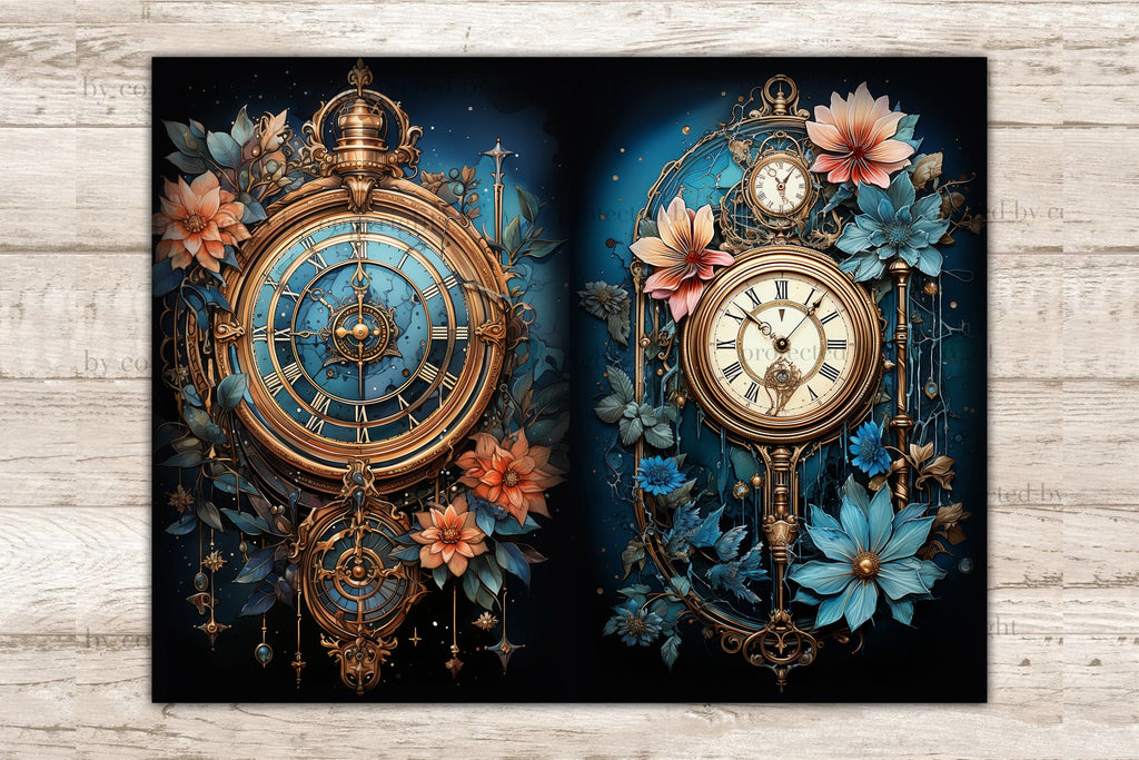 Vintage Clocks Junk Journal Page | Birds Digital Art - So Fontsy