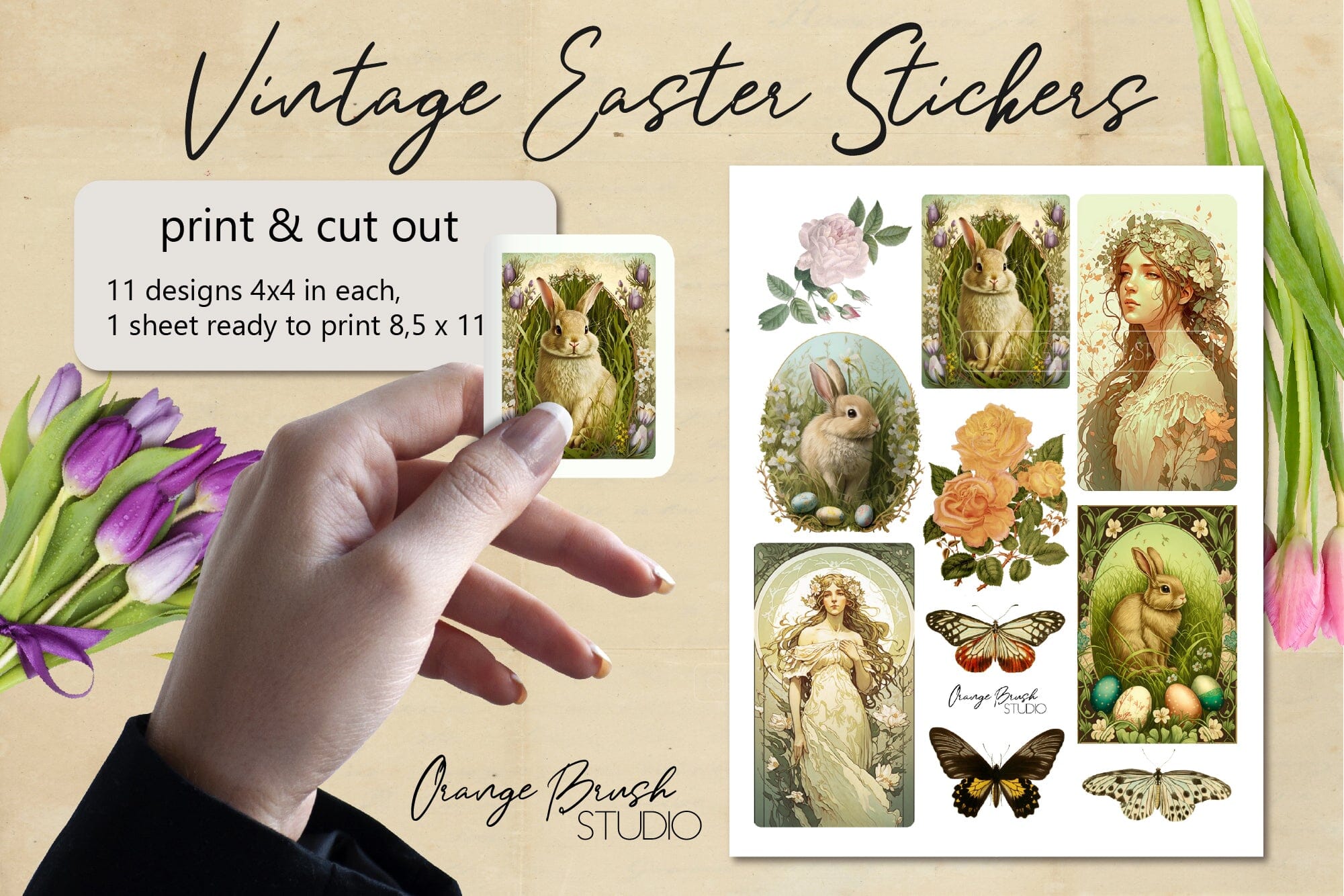 Vintage Easter Stickers Printable Stickers Pack PNG - So Fontsy