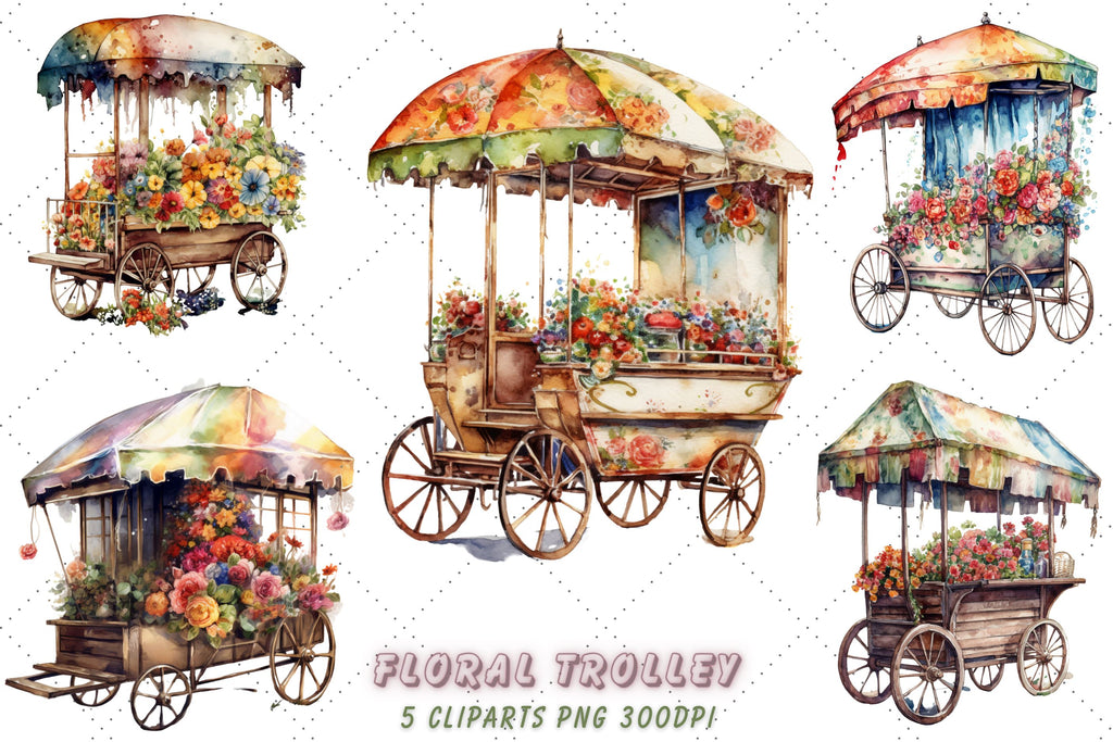 Vintage Floral Trolley Watercolor Clipart Bundle, Sublimation, Floral ...