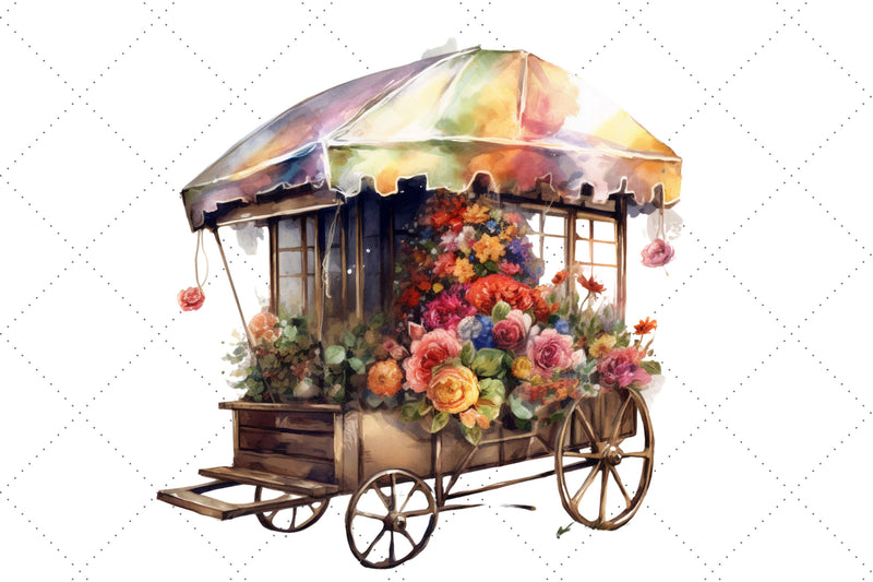 Vintage Floral Trolley Watercolor Clipart Bundle, Sublimation, Floral ...
