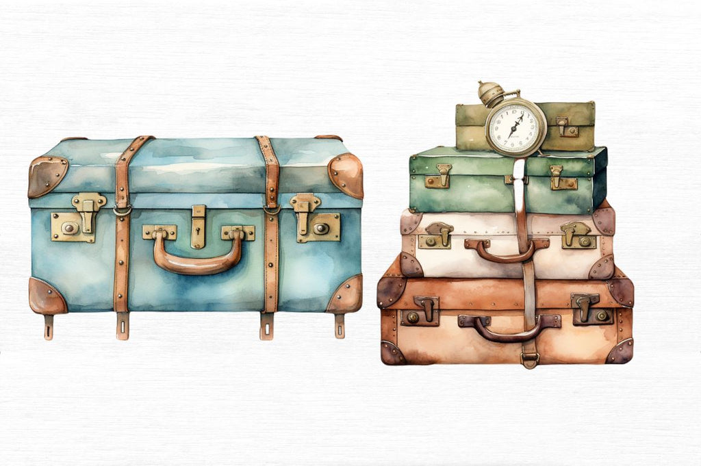 Vintage Suitcase Watercolor Clipart - So Fontsy