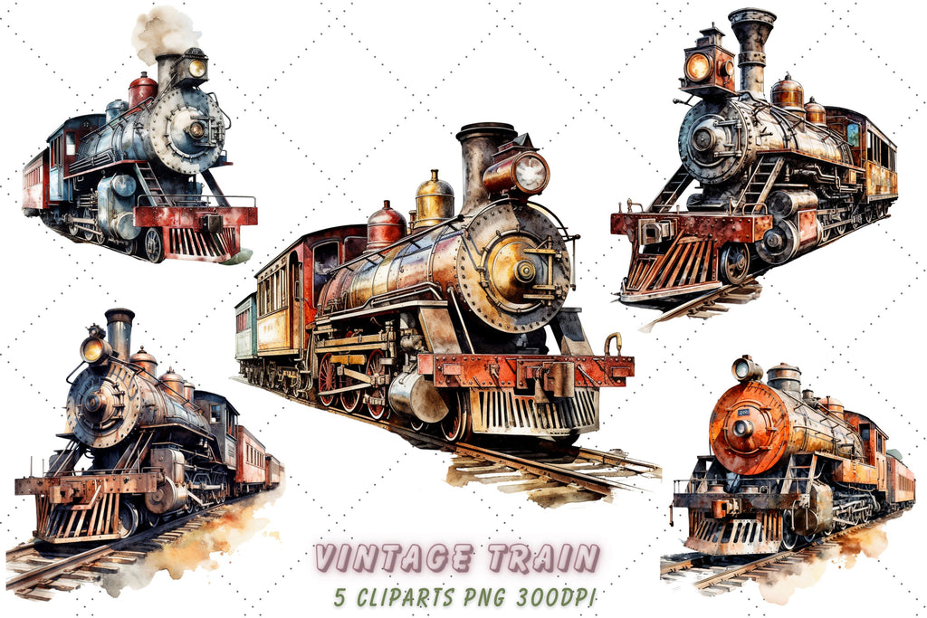 Vintage Train Watercolor Clipart Bundle - So Fontsy