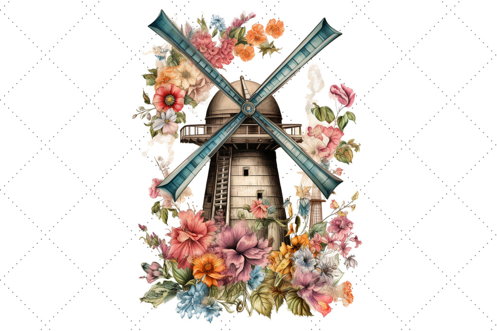Vintage Windmill and Flower Sublimation Clipart Bundle, Sublimation ...
