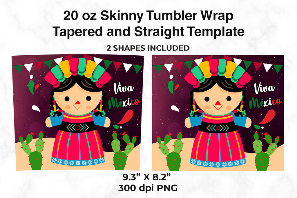 Viva México Tumbler Wrap Template Muñeca Diseño Guinda - So Fontsy
