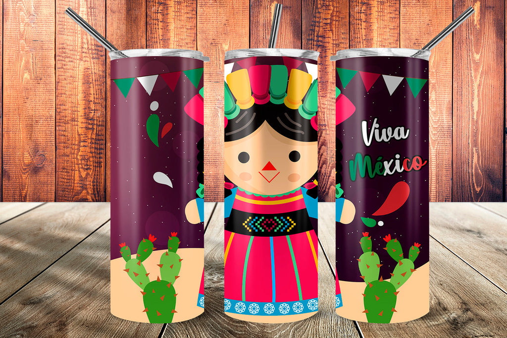 Viva México Tumbler Wrap Template Muñeca Diseño Guinda - So Fontsy