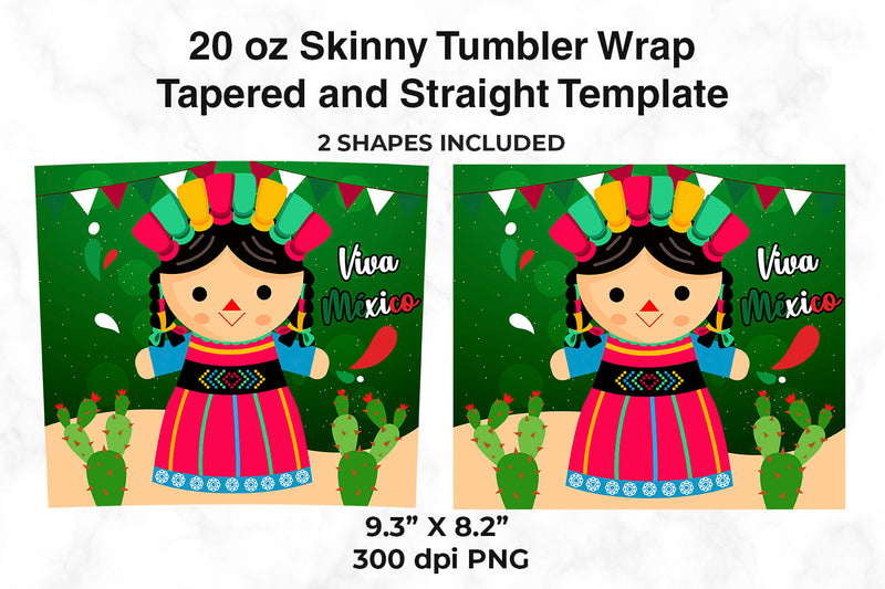 Viva México Tumbler Wrap Template Muñeca Diseño Verde - So Fontsy