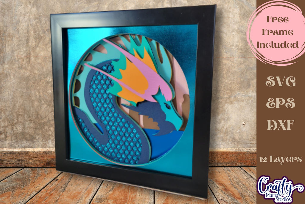 Water Dragon Svg Shadow Box, 3D Layered Fantasy Cut File - So Fontsy