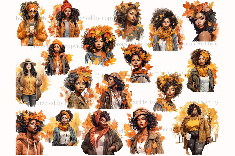 Watercolor Autumn Black Girl Clipart | Fall Graphic Images - So Fontsy
