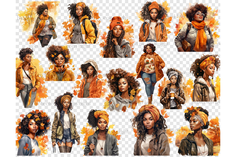 Watercolor Autumn Black Girl Clipart | Fall Graphic Images - So Fontsy