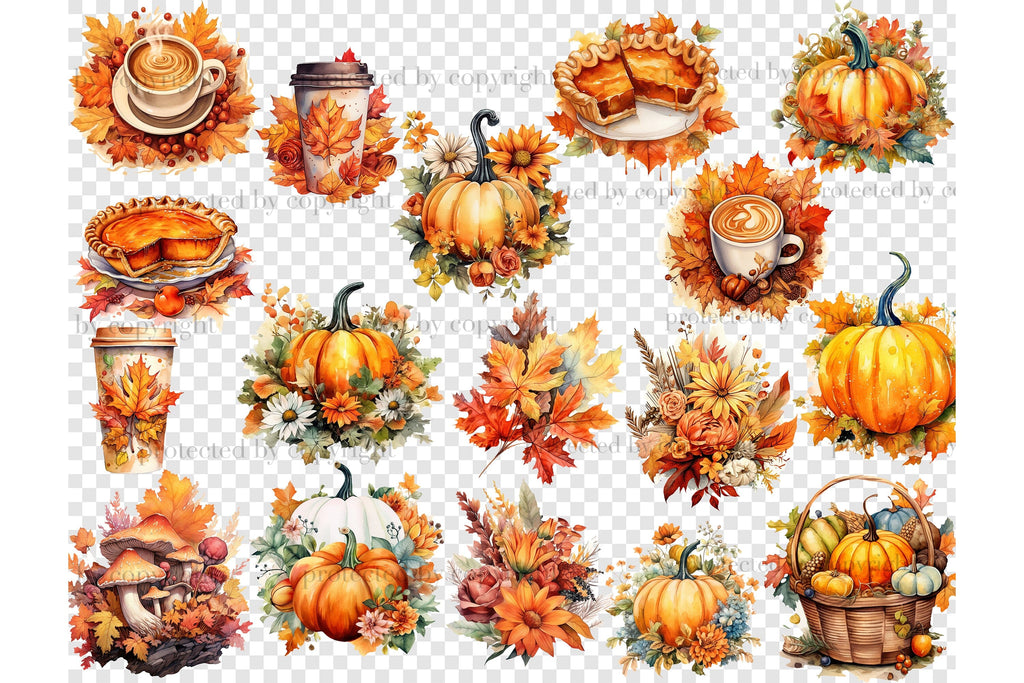 Watercolor Autumn Clipart PNG | Cozy Fall Illustration Set - So Fontsy