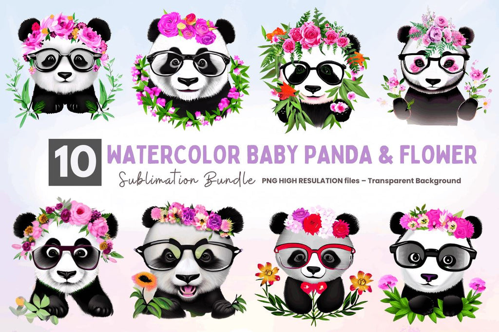 Watercolor Baby Panda and Flower Clipart Bundle - So Fontsy