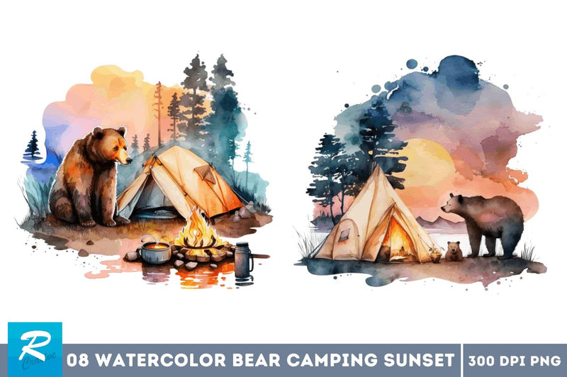 Watercolor Bear Camping at Sunset Clipart Bundle - So Fontsy