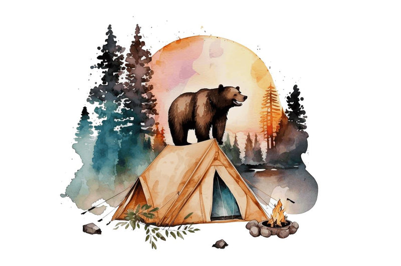 Watercolor Bear Camping at Sunset Clipart Bundle - So Fontsy
