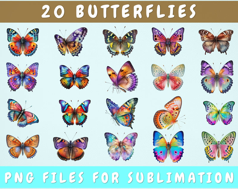 Watercolor Butterflies PNG Bundle, 20 Designs, Butterfly Sublimation ...
