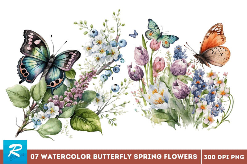 Watercolor Butterfly and Spring Flowers Bundle - So Fontsy