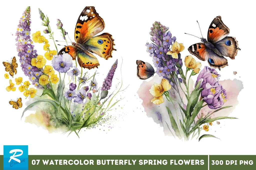 Watercolor Butterfly and Spring Flowers Bundle - So Fontsy