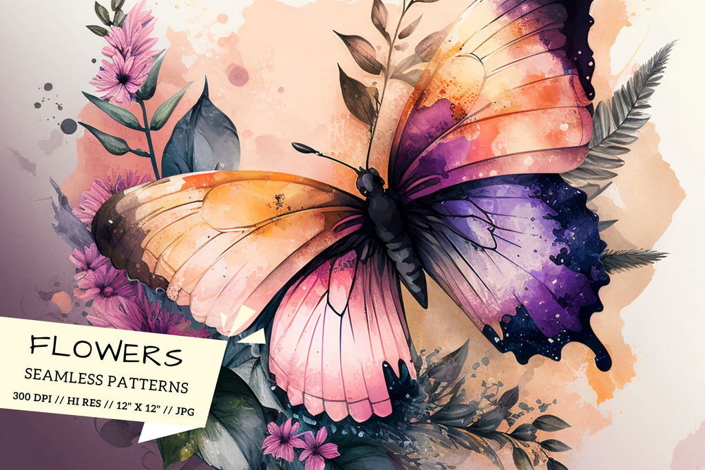 Watercolor butterfly Floral Background - So Fontsy