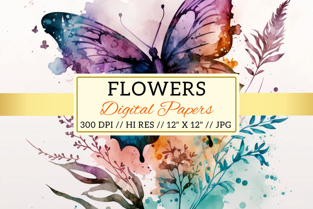 Watercolor butterfly Floral Background, flowers and butterflies - So Fontsy