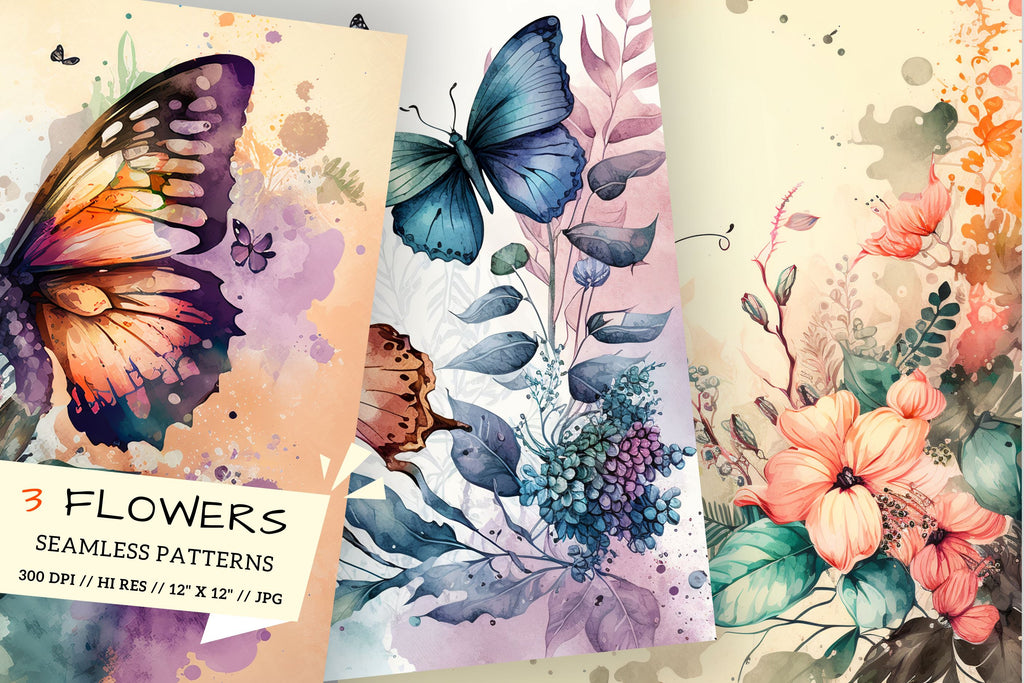 Watercolor butterfly Floral Background, seamless background with ...
