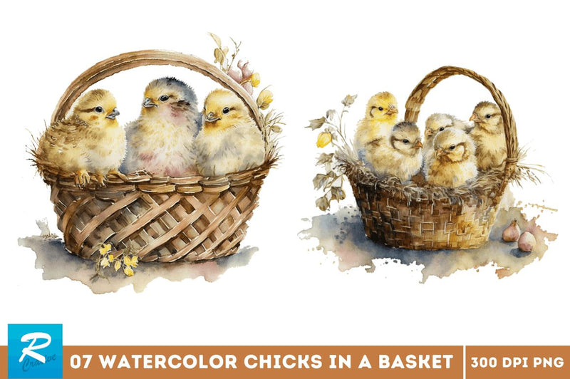 Watercolor Chicks in a Basket Clipart Bundle - So Fontsy
