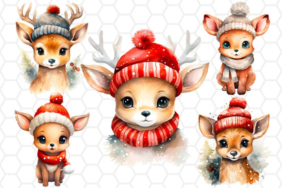 Cute Watercolor Christmas Deer Clipart, Sublimation PNG - So Fontsy