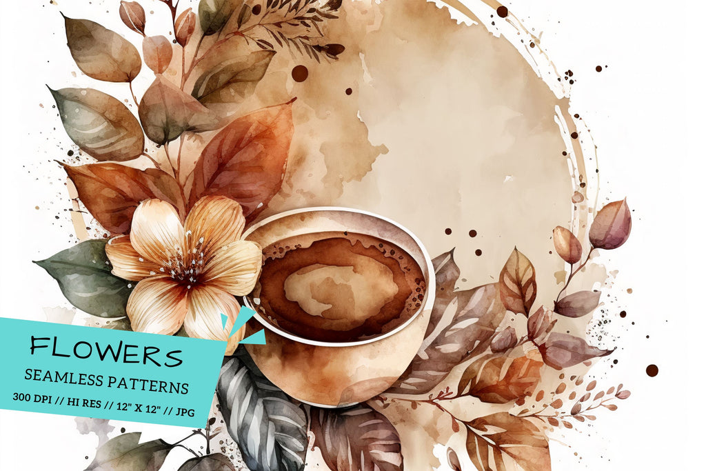 Watercolor coffee Floral Background - So Fontsy