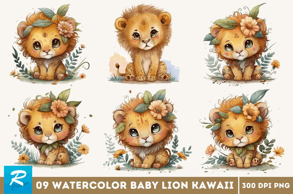 Watercolor Cute Baby Lion Kawaii Cartoon Clipart Bundle - So Fontsy