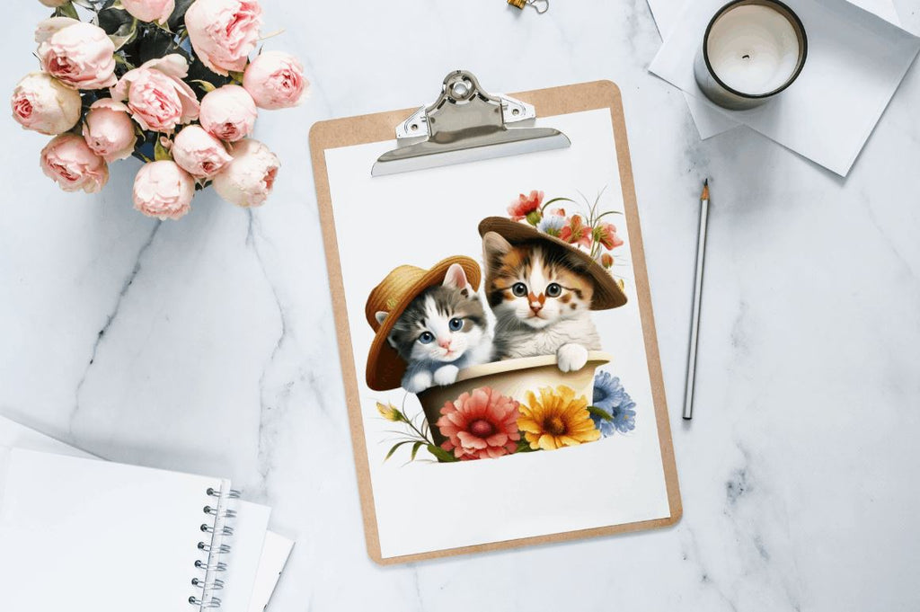 Watercolor Cute Cats Under the Hat Clipart Bundle - So Fontsy