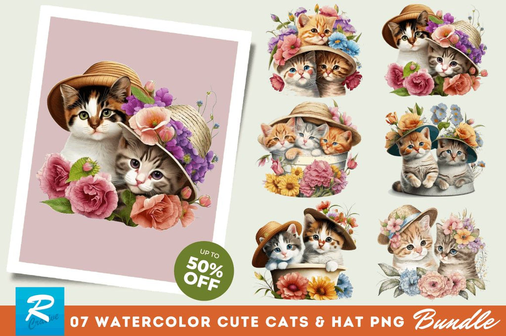 Watercolor Cute Cats Under the Hat Clipart Bundle - So Fontsy