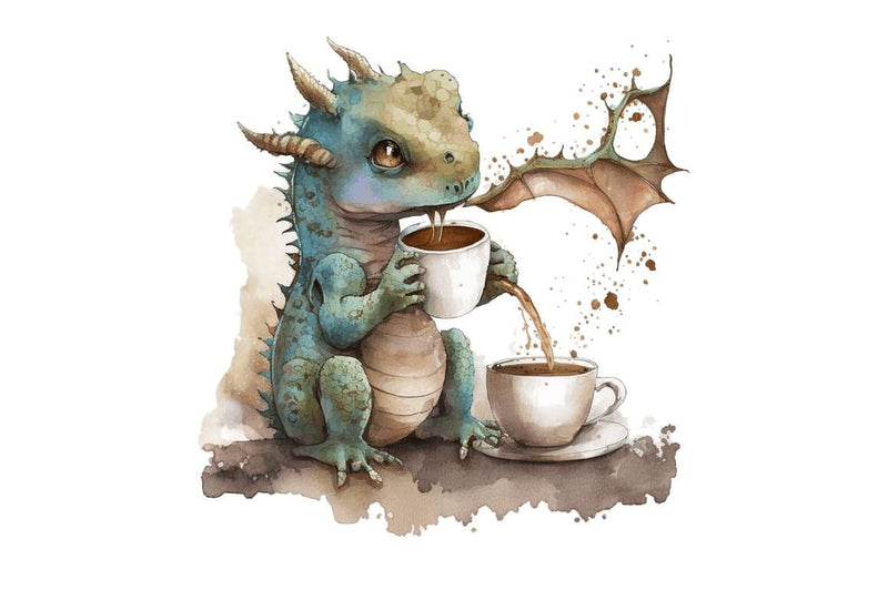Watercolor Cute Dragon Drinking Coffee Clipart Bundle - So Fontsy