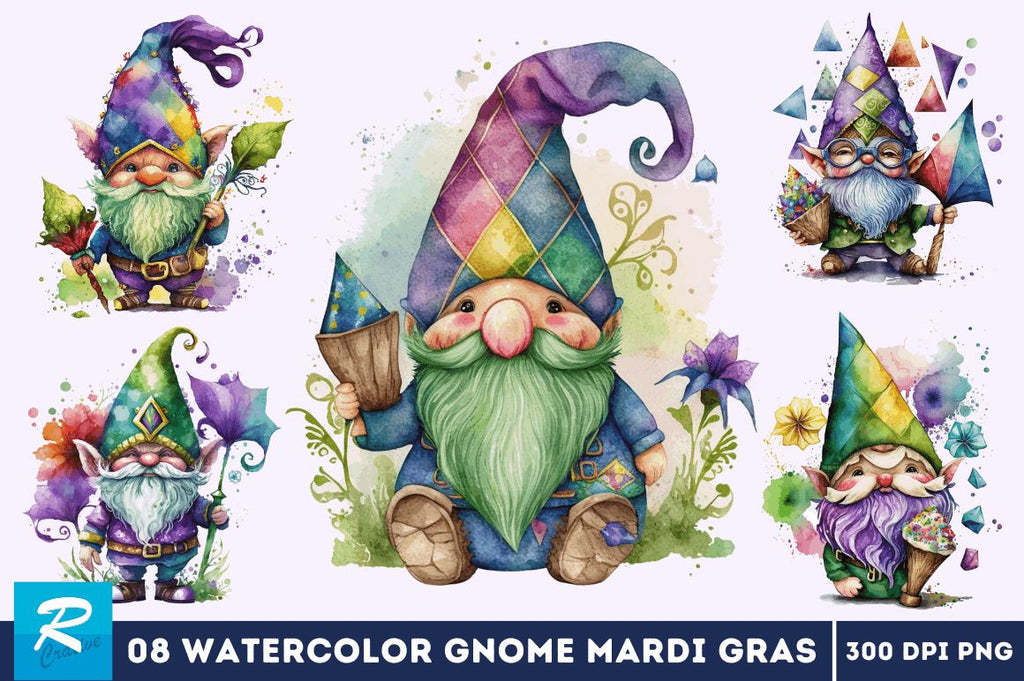 Watercolor Cute Gnome Mardi Gras Clipart Bundle - So Fontsy