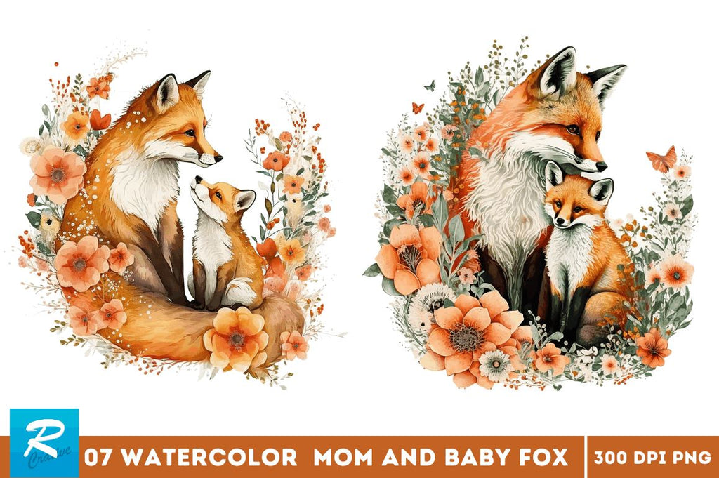 Watercolor Cute Mom and Baby Fox Clipart bundle - So Fontsy