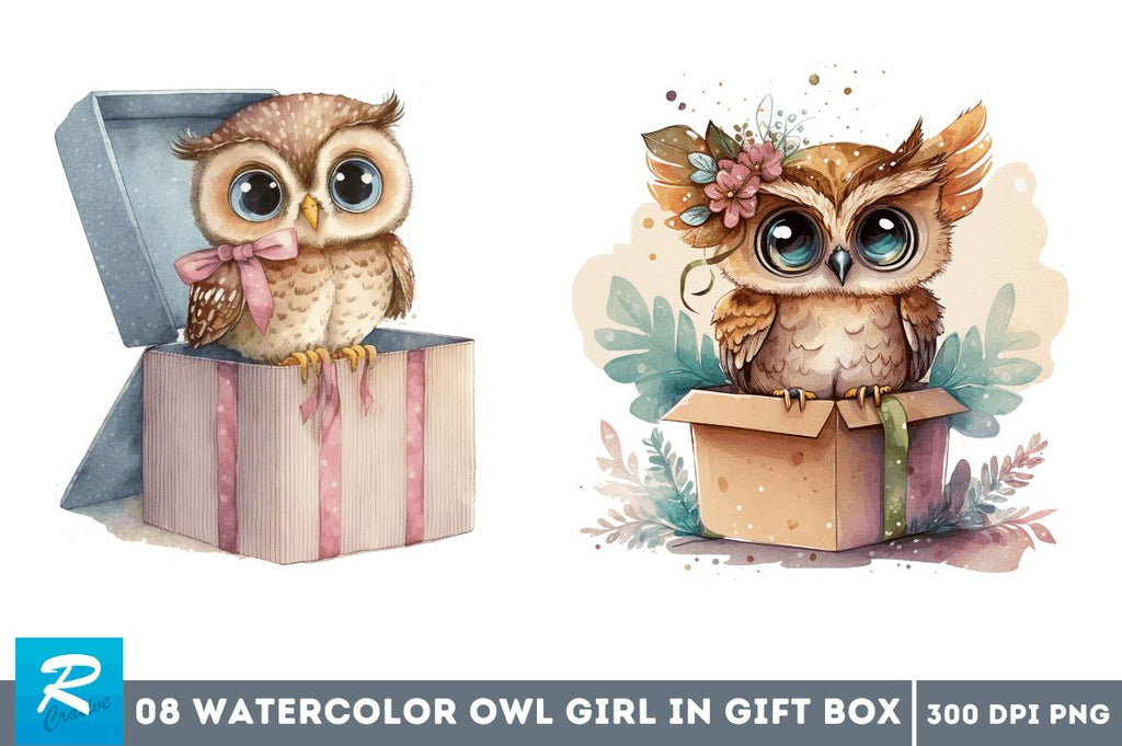 Watercolor Cute Owl Girl in Gift Box Clipart Bundle - So Fontsy
