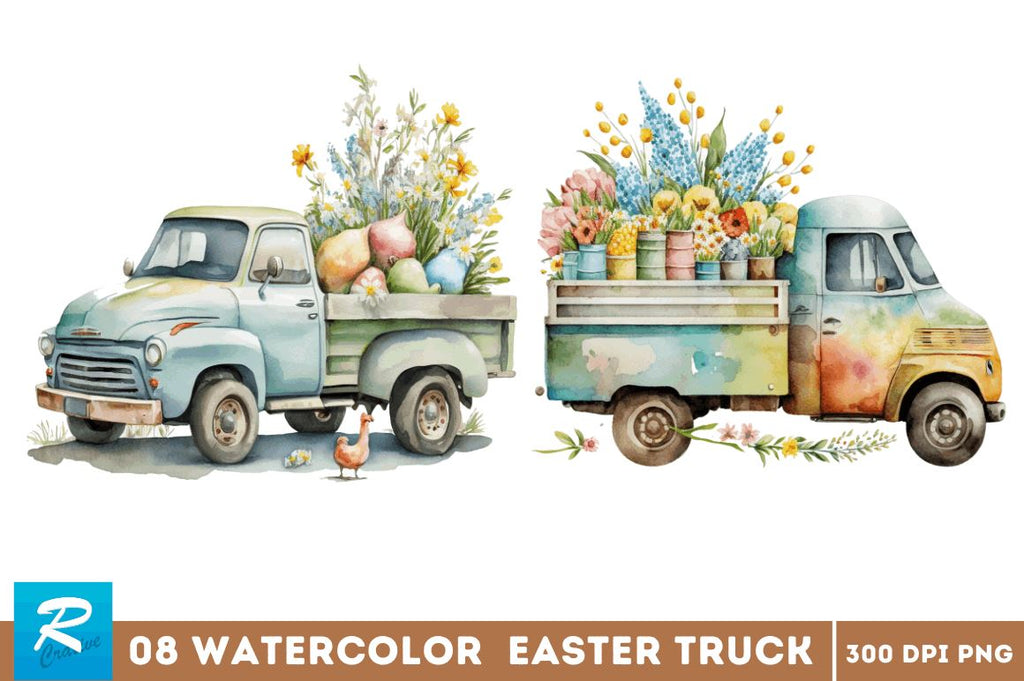 Watercolor Easter Truck Clipart Bundle - So Fontsy