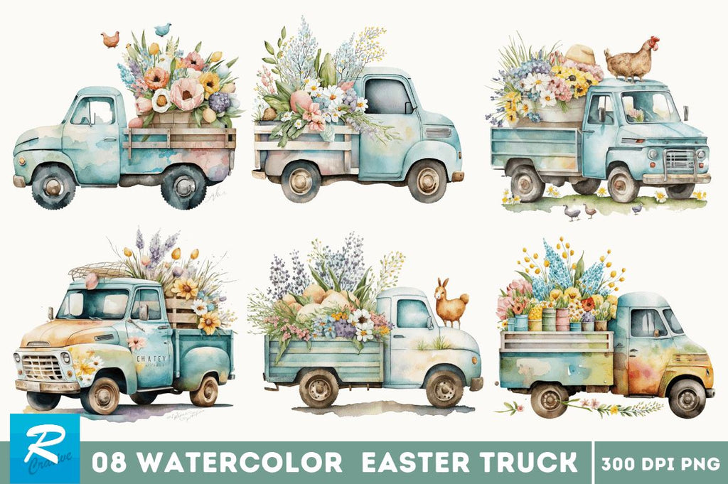 Watercolor Easter Truck Clipart Bundle - So Fontsy