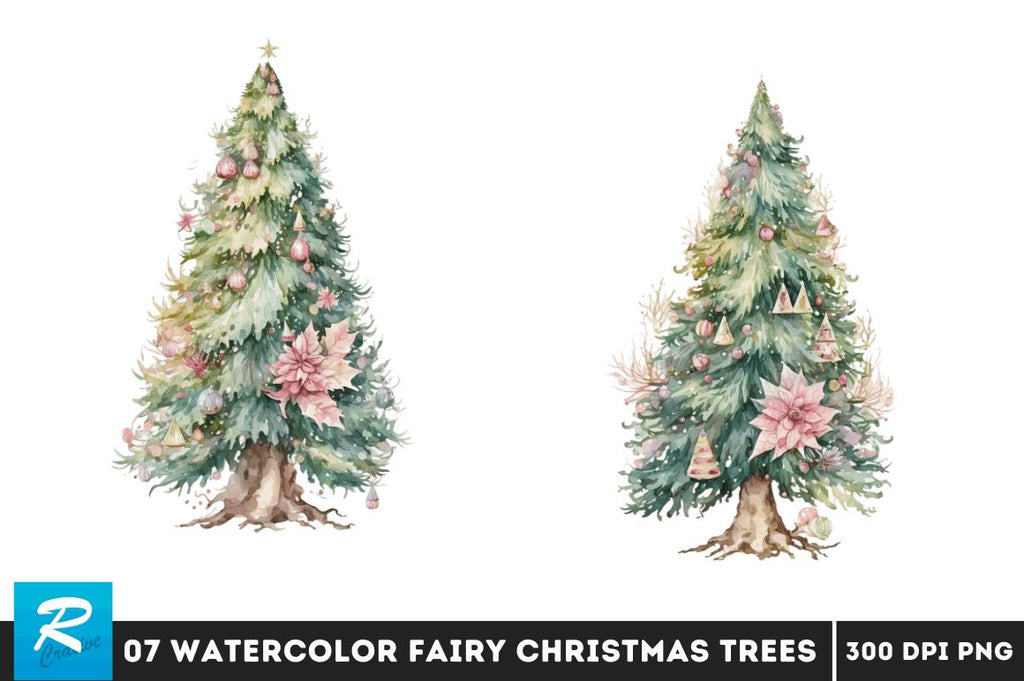 Watercolor Fairy Christmas Trees Clipart Bundle - So Fontsy