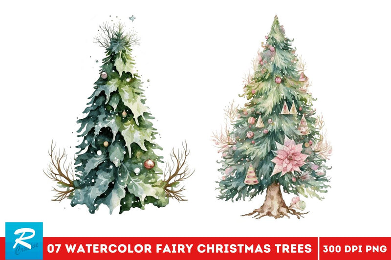 Watercolor Fairy Christmas Trees Clipart Bundle - So Fontsy