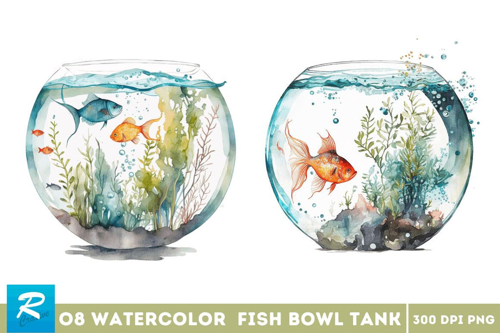 Watercolor Fish Bowl Tank Clipart Bundle - So Fontsy