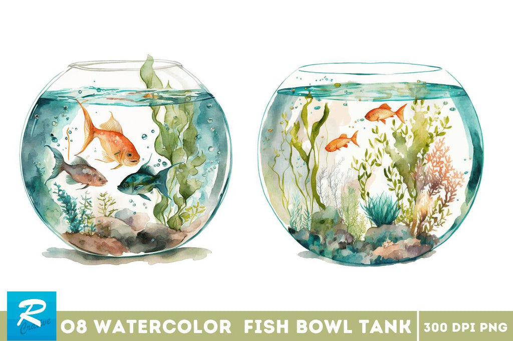 Watercolor Fish Bowl Tank Clipart Bundle - So Fontsy