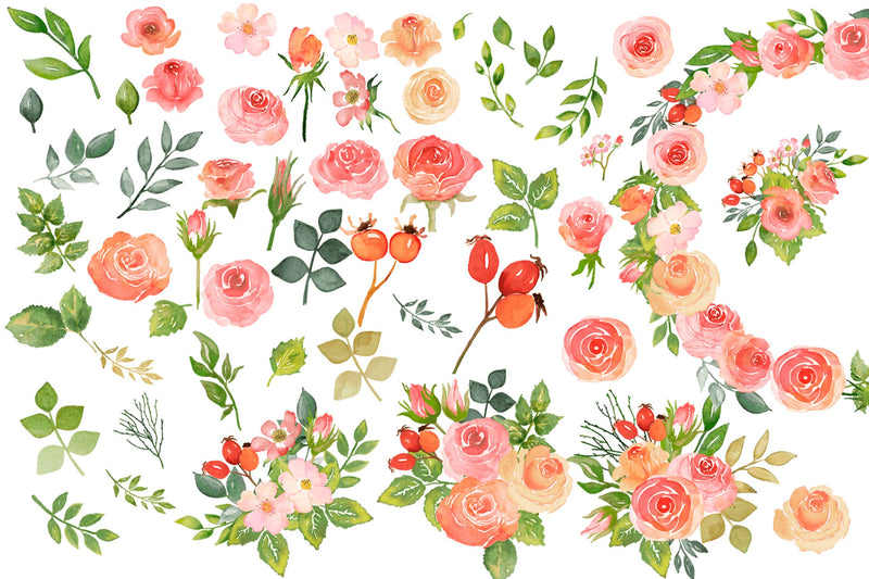 Watercolor Floral Clipart, Roses And Leaves PNG Bundle - So Fontsy