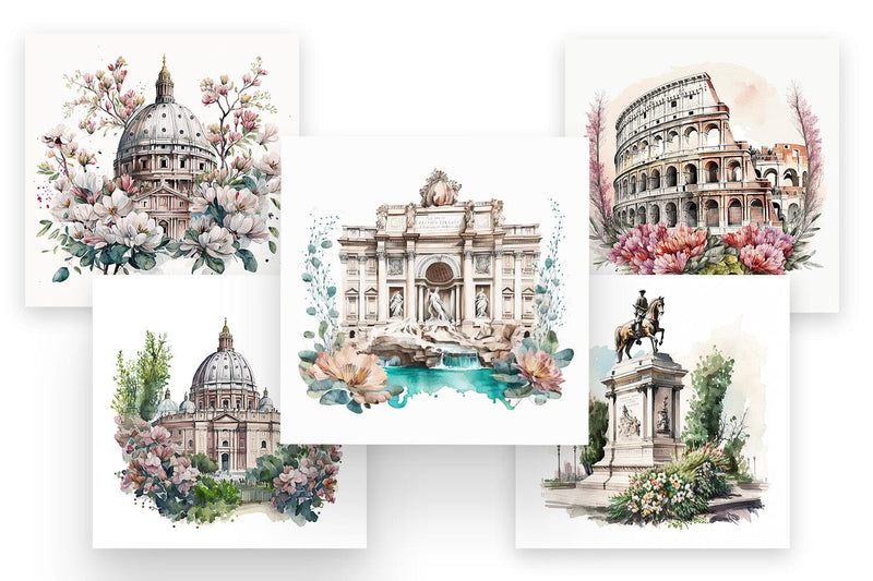 Watercolor Italy Landmarks Clipart, Italian Wall Art - So Fontsy