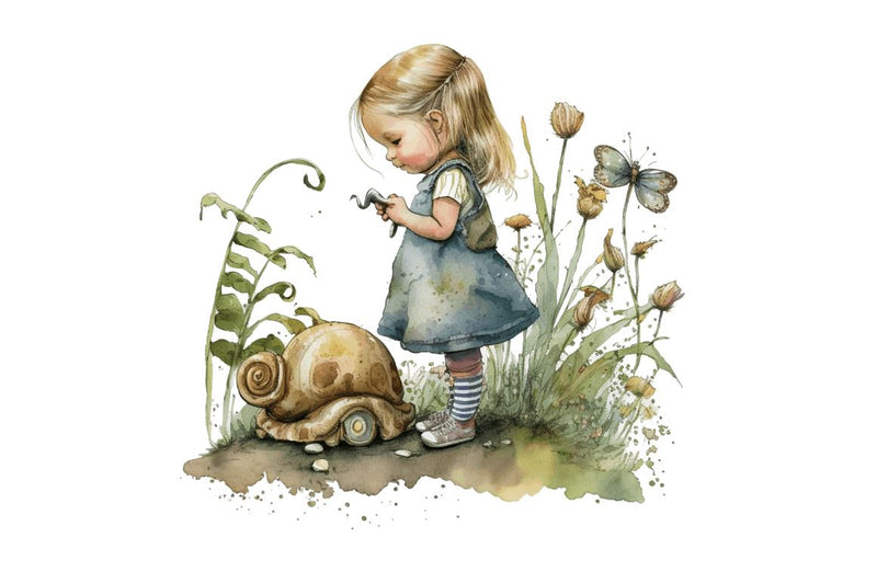 Watercolor Little Girl and Snails Clipart Bundle - So Fontsy