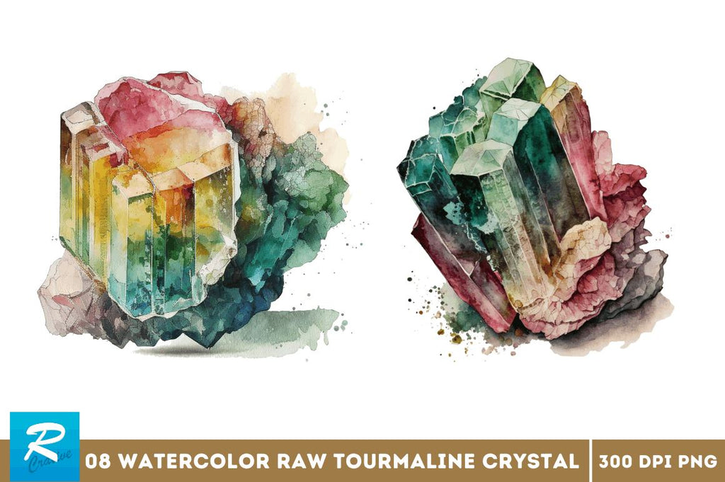 Watercolor Raw Tourmaline Crystal Clipart Bundle - So Fontsy