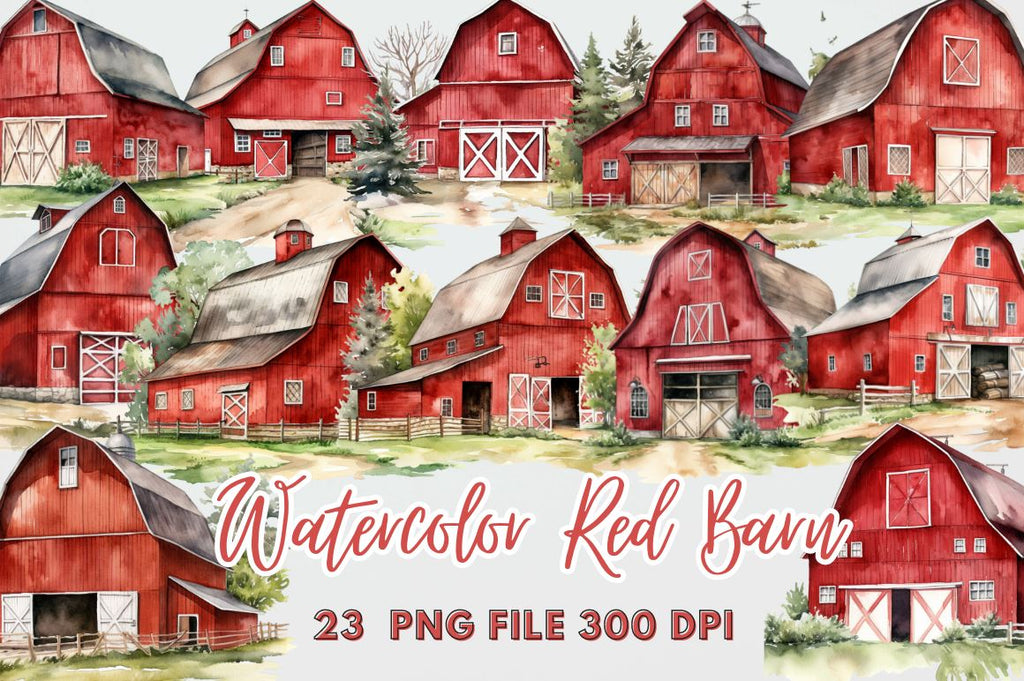 Watercolor Red Barn Sublimation Clipart Bundle - So Fontsy