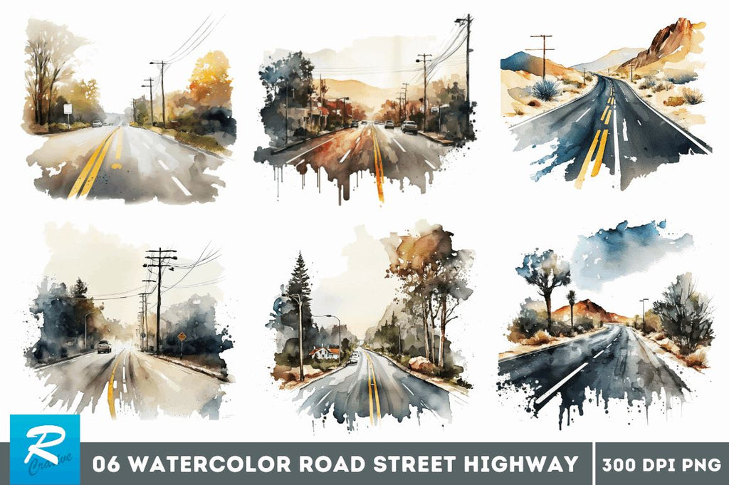 Watercolor Road Street Highway Clipart Bundle - So Fontsy